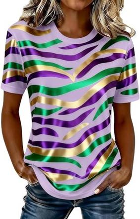 Generic T-shirt d&eacute;contract&eacute; &agrave; manches courtes et col rond pour femme - Imprim&eacute; abstrait &agrave; rayures color&eacute;es - T-shirt d&eacute;t&eacute; doux et extensible pour le travail, 