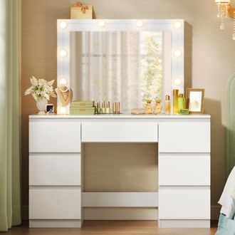 Woltu Schminktisch mit LED-Beleuchtung, einstellbare Helligkeit, Kosmetiktisch mit gro&szlig;em Spiegel, Frisiertisch mit 7 Schubladen, 107x140,5x39,5 cm, f&uuml;r Sch