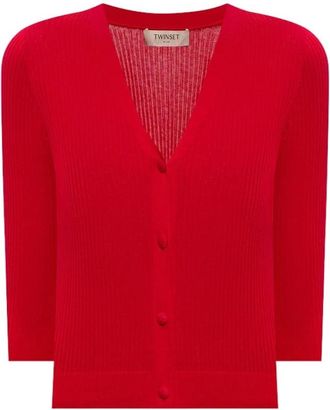 Twinset Femme, Pulls, Rouge, Taille: 36 FR Cardigan en coton et soie c&ocirc;tel&eacute;s