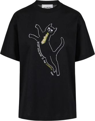 Iceberg Femme, Tops, Noir, Taille: 40 FR T-shirt avec imprim&eacute; chat brod&eacute;