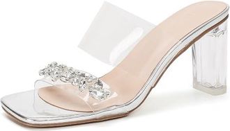 Generic MiaZane Sandales Slide Cristal Transparent Femme Mules &agrave; Talon Bloc &Eacute;pais avec Bride D&eacute;cor&eacute;e Strass Bout Carr&eacute; &agrave; Enfiler Chaussures de Robe pour &Eacute;v&eacute;ne