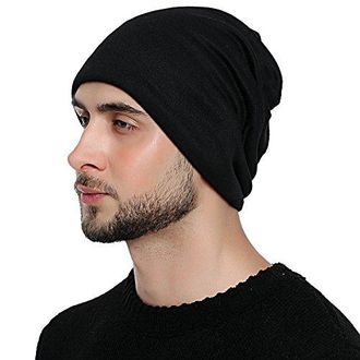 DonDon Bonnet hommes toute saison jersey bonnet Slouch Beanie respirant et doux sadaptant à toutes les tailles de tête - Noir