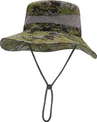 ZLYC Chapeau de soleil camouflage pour homme - Chapeau de safari - Chapeau dextérieur en maille, Bord en maille de 8 cm - Couleur camouflage : vert, taille