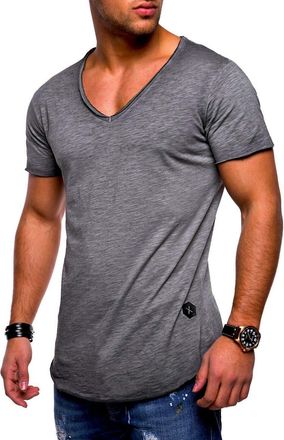 Rello & Reese Herren T-Shirt Kurzarm Basic Oversize V-Neck MT-7102 [Dunkelgrau, XXL]