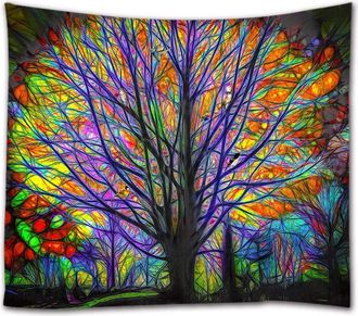 A.Monamour Wandteppiche Gemälde Bild Bunten Wald Baum Mit Vögeln Psychedelischen Böhmischen Hippie-Print Polyester Stoff Banner Wandbehang Fenster Vorhang Kunst 