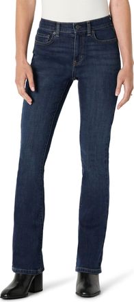 Amazon Essentials Damen Hochelastische Schmal Geschnittene Slim-Fit-Bootcut-Jeans Mittelhoher Bund, Dunkle Mitternacht, 36-38 Kurz