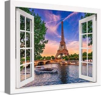 Picanova Leinwandbild 40x30cm Eiffelturm Paris Fenster - Leinwanddruck - Wandbild Kunstdruck Auf 2cm Holz-Keilrahmen F&uuml;r Schlaf- Und Wohnzimmer Wanddekoration 