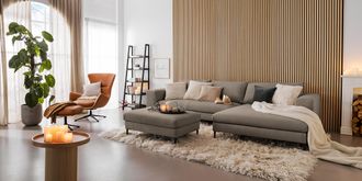 Studio Copenhagen home24 Ecksofa mit Longchair Braun/Vintage Sand Webstoff Caya 321 x 83 x 170cm Longchair davorstehend rechts ohne Schlaffunktion ohne Hocker Modern