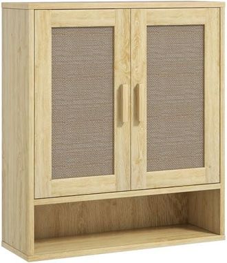 HOMCOM Meuble Mural Salle de Bain, Meuble WC Suspendu, avec &eacute;tag&egrave;re r&eacute;glable, Double Porte et &eacute;tag&egrave;re Ouverte, 59 x 20 x 66,5 cm, Effet Bois de ch&ecirc;ne