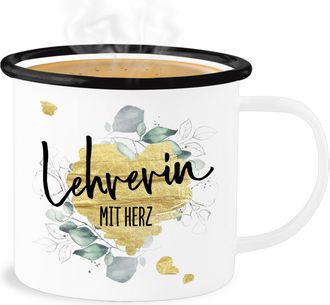 Shirtracer Emaille Becher Blechbecher - Tassen - Lehrerin mit Herz - Abschiedsgeschenk Weihnachten - 300 ml - Weiß Schwarz - lehrerinnen herzen klassenlehrerin b