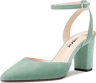 Castamere Femmes Bloc Chunky Haut High Talon Heel Pointu Bout Lanières Cheville Two-Piece Escarpins Mariage Dress 8 CM Heels Vert Clair 35 EU