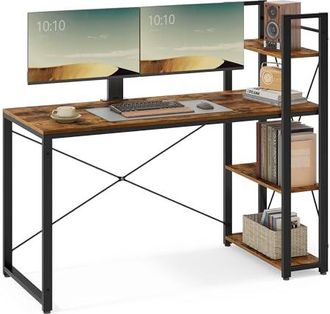 Vasagle Schreibtisch, Computertisch mit Regalb&ouml;den rechts oder Links, 137,2 cm breiter B&uuml;rotisch, f&uuml;r Arbeitszimmer, Homeoffice, einfacher Aufbau, vintagebrau