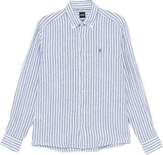 HUGO BOSS Homme, Chemises, Bleu, Taille: 2XL H-Liam Button-down Linen Striped Shirt