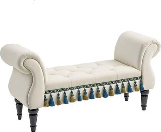 HOMCOM Sitzbank Polsterbank, Samtoptik, Luxus Bettbank mit Holzbeine, Flurbank f&uuml;r Schlafzimmer, bis 150 kg Belastbar, Beige, 117 x 40 x 58 cm - Homcom