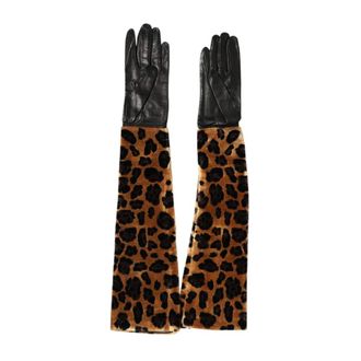 Dolce & Gabbana Femme, Accessoires, Brun, Taille: ONE Size Leopard Leather Elbow Length Mitten Gloves