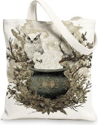 Generic Sac fourre-tout en toile motif hibou, style vintage, léger, lavable et réutilisable pour les voyages et la plage, blanc, 13x15 Inch
