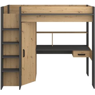 Les Tendances Hochbett mit Schreibtisch + Kleiderschrank - 90 x 200 cm - Naturfarben & Anthrazit - AUCKLAND