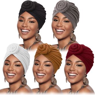 Dreshow 5 St&uuml;cke Afrikanischen Turban f&uuml;r Damen Soft Vorgebunden Knot Mode Plissee Turban Hut M&uuml;tze Kopfwickel Schlafm&uuml;tze