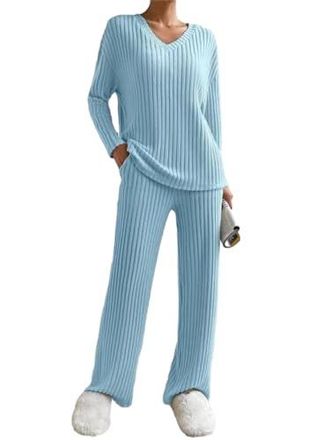 Generic Tenue 2 pi&egrave;ces en tricot c&ocirc;tel&eacute; pour femme, coupe d&eacute;contract&eacute;e, pull &agrave; manches longues et col en V, pull &agrave; jambes larges, v&ecirc;tement de d&eacute;tente bleu, ta