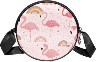 Generic Petit sac &agrave; bandouli&egrave;re rond pour femme, motif flamants roses, arc-en-ciel, avec fermeture &eacute;clair, bretelles r&eacute;glables, sac &agrave; main rond d&eacute;contract&eacute; po