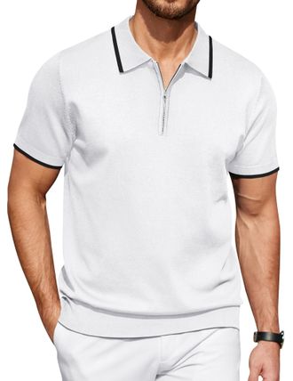 Coofandy Herren-Poloshirt mit Reißverschluss, lässig, gestrickt, kurzärmelig, Klassische Passform, Weiss/opulenter Garten, XL