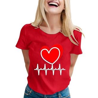 Generic T-shirt graphique &agrave; manches courtes pour la Saint-Valentin 2026 pour femme avec imprim&eacute; coeur, Rouge, XXL