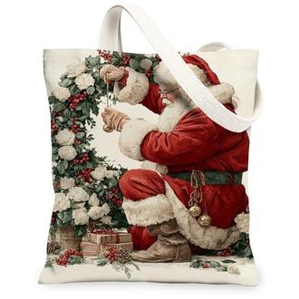 Generic Sacs fourre-tout en toile de No&euml;l, motif floral vintage P&egrave;re No&euml;l, sacs &agrave; provisions r&eacute;utilisables, d&eacute;coratifs festifs l&eacute;gers Washab, Rouge, 13x15 Inc