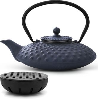 Bredemeijer Teekanne asiatisch Gusseisen Set 0.8 Liter blau Teekessel mit Henkel & Edelstahl Tee-Filter Sieb-Einsatz & gusseisernen St&ouml;vchen