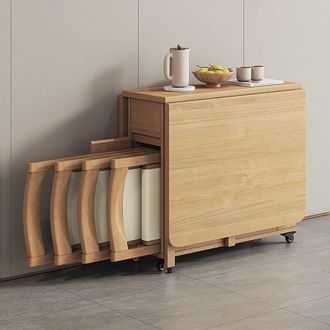 Generic Klappbarer Esstisch Mit Schublade Und 4 St&uuml;hlen, Ausziehbarer Tisch Mit Einlegeplatten, Platzsparend for Zuhause, Wohnzimmer Und Restaurant(Natural)