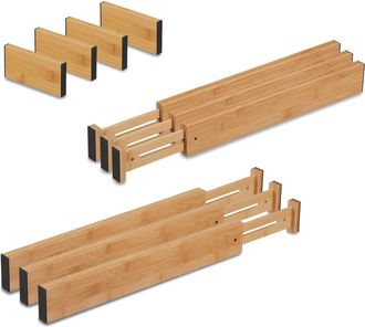 Relaxdays Schubladentrenner, 10 TLG. Set, verstellbare L&auml;nge von 43,5 bis 56,5 cm, Bambus, Schubladenteiler K&uuml;che, Natur