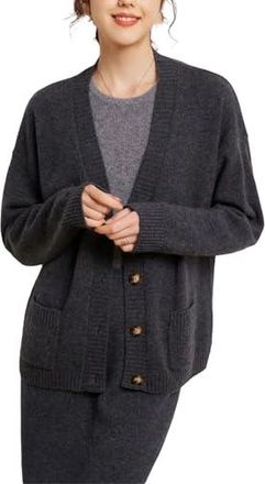 Generic Cardigan &agrave; col en V pour femme 100 % cachemire pull ample en tricot r&eacute;tro poches v&ecirc;tements dext&eacute;rieur, Gris fonc&eacute;, taille unique