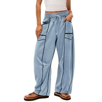 Generic Pantalon tonneau, pantalon de surv&ecirc;tement ample avec cordon de serrage pour l&eacute;t&eacute;, pantalon de plage d&eacute;contract&eacute;, bleu clair, XXL