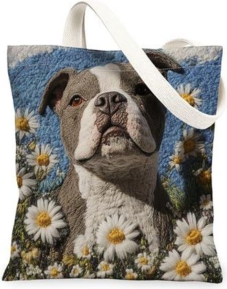 Generic Sac fourre-tout en toile motif chien Pitbull printanier pour faire du shopping, 33 x 38,1 cm, style tricot&eacute;, sac d&eacute;picerie r&eacute;utilisable pour femme, sa
