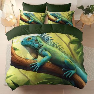 Generic Bettbezug Waldgr&uuml;n Wendbar Bettw&auml;sche Sets,Mit Rei&szlig;verschluss mit Kissenbez&uuml;ge, Kreatur Eidechse Dschungel Microfaser Bettbezug,F&uuml;r die Schlafzimmerde