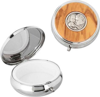 NKlaus Hostiendose mit Motiv Heilige Familie 6cm - Rosenkranz Metalletui klein aus Edelstahl und Olivenholz, ideal f&uuml;r Hostien, Gebet, Wallfahrt