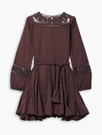 Rhode Resort Chocolate Brown Ella Crochet Panelled Mini Dress Size M