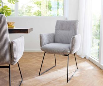 DELIFE Esszimmerstuhl Jova-Flex mit Armlehnen Cord Silbergrau Kufengestell Schwarz Taschenfederkern, Esszimmerstühle