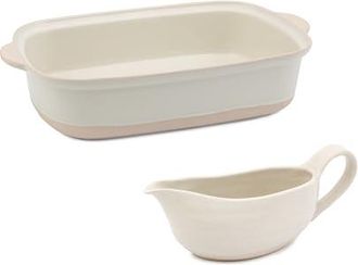 Jamie Oliver Big Love Epic Bräter-Set, Steingutbräter, Seitengriffe, 39 x 25 x 8 cm, weiße Steingut-Sauciere, mikrowellen-, spülmaschinen-, backofenfest, 23 x 8 x 