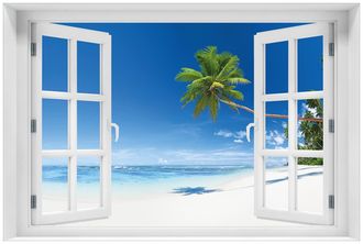 Wallario selbstklebendes Poster - Weißer Sandstrand am Meer - EIN Traum unter Palmen, Aufkleber in Premiumqualität, Klebefolie Größe: 61 x 91,5 cm mit Fenster-
