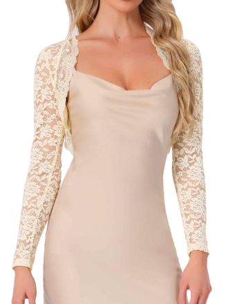 Allegra K Damen Hochzeit Bolero aus Floraler Spitze mit R&uuml;schen Lang&auml;rm Vorne Offen Kurzer Cardigan Aprikose XS