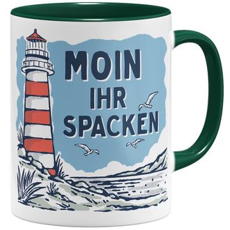 OM3 lustige Kaffee-Tasse mit Spruch - Moin Ihr Spacken - Slogan Leuchtturm Meer K&uuml;ste - Keramik Becher - 11oz 325ml - Beidseitig Bedruckt - Gr&uuml;n