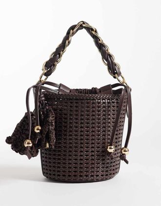 River Island Gewebte Beuteltasche in Braun mit Metallhenkel
