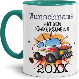 Tassendruck Tasse mit Name & Jahr Personalisieren - Name hat den Führerschein - Auto - Tassen Bedrucken, Führerscheinprüfung bestanden | Personalisiertes Geschenk