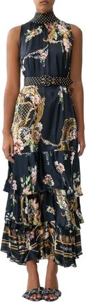 Camilla Femme, Robes, Noir, Taille: 38 FR Robe Maxi Ceintur&eacute;e &agrave; Volants et Fleurs en Soie