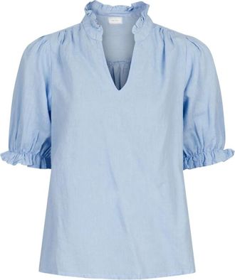 Neo Noir Femme, Blouses et Chemises, Bleu, Taille: 44 FR Chemisier en lin bleu clair avec d&eacute;tails &agrave; volants