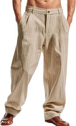 Generic Pantalon de yoga l&eacute;ger en lin pour homme - Taille &eacute;lastique - Avec poches - D&eacute;contract&eacute; - Pour l&eacute;t&eacute;, les vacances, la plage, beige, XXL