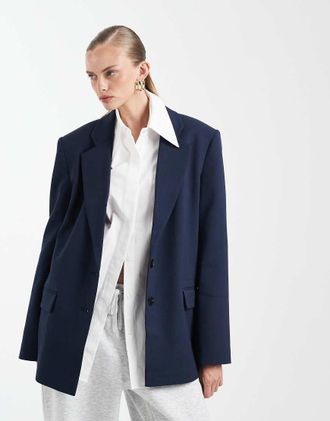 Asos Blazer ajust&eacute; coupe grand-p&egrave;re - Bleu marine