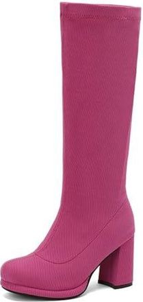 Generic Bottes dhiver en tricot &agrave; talon bloc et bout rond pour femme - Confortables et polyvalentes, rose rouge, 40.5 EU