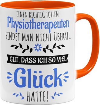 OM3 Physiotherapeut Kaffee-Tasse mit Spruch - Geschenk f&uuml;r Physiotherapeuten Danke Spruch Gl&uuml;ck gehabt - Keramik Becher - 325ml - Beidseitig Bedruckt - Or