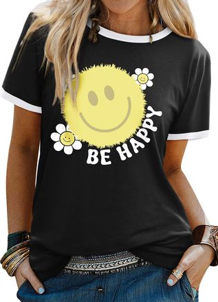 Dresswel Tshirt Damen Be Happy L&auml;chelndes Gesicht Druck T-Shirt Rundhals Kurzarm T Shirts Sommer Oberteile Tee Tops Bluse